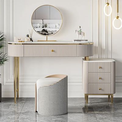 Champagne Faux Marble Top Makeup Vanity Set with 1 Stool & 1 Cabinet ...