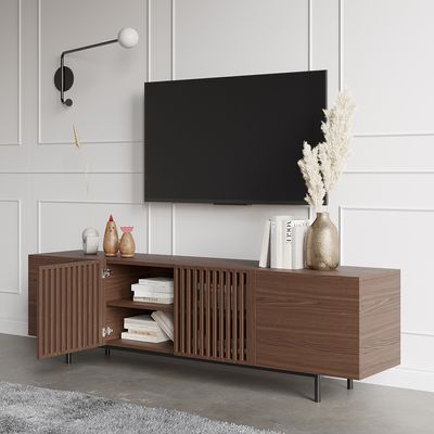 Japandi Slatted Media Console Wood TV Stand in Walnut with Shelves for ...