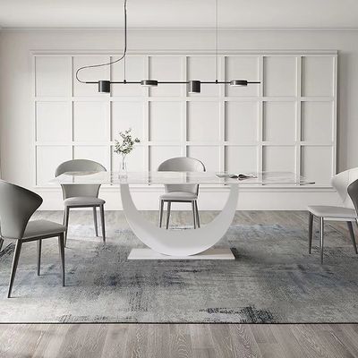 71" White Faux Marble Dining Table for 8 Crescent Base Sintered Stone ...