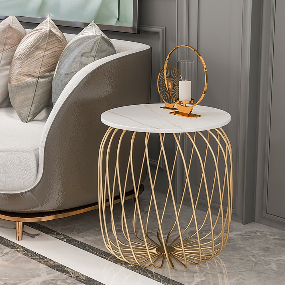 White Modern Round End Table with Sintered Stone Top & Steel Frame Side ...