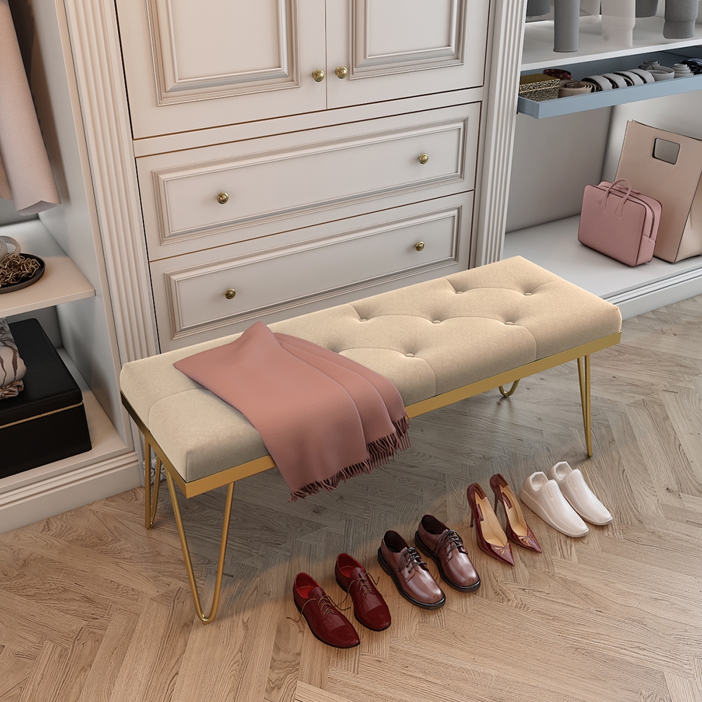 Beige Tufted Entryway Bench Upholstered Velvet Modern Bench in Gold-Homary