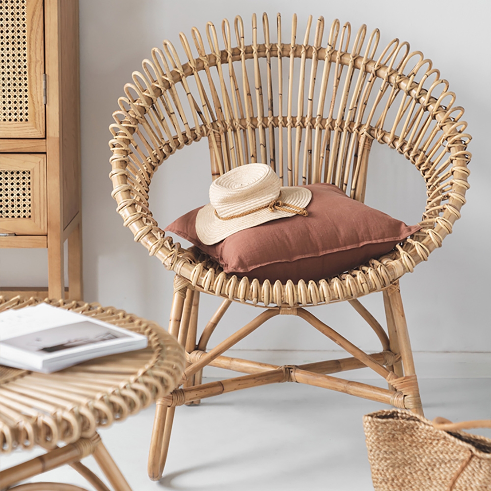 Boho Style Woven Rattan Round Accent Chair Ball Papasan Chair with 4 ...