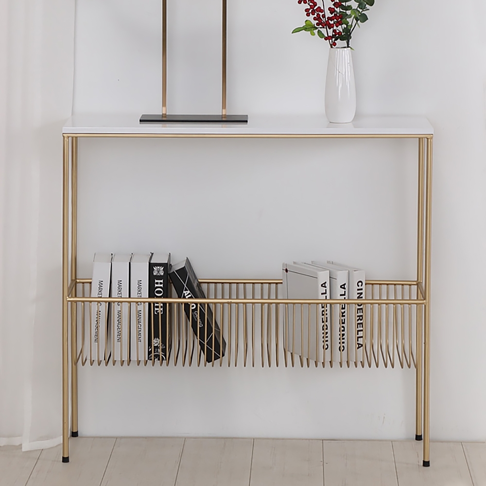 White Rectangular Narrow Console Table with Shelf Modern Metal in Gold