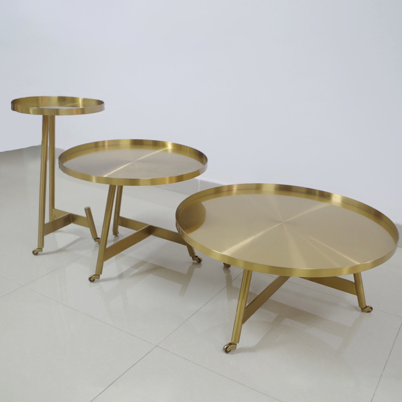 Stylish Gold Coffee Table Medium Round Rolling Side Table with Wheels ...