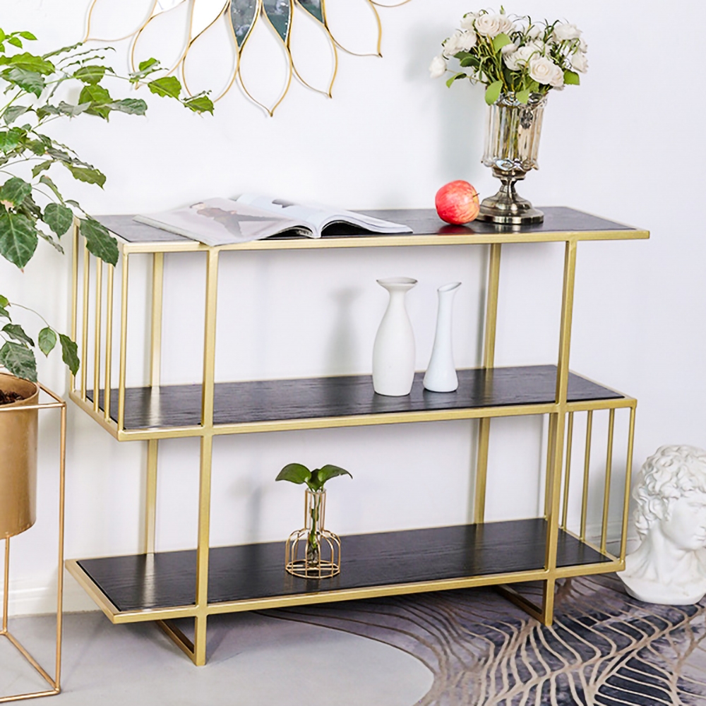 Black Rectangular Narrow Console Table with Shelves Modern Metal in ...
