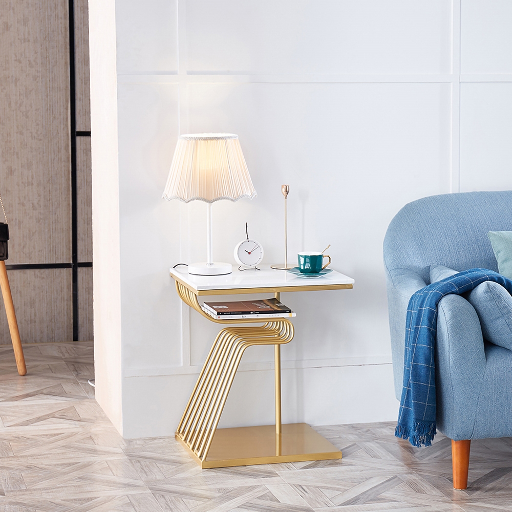 Modern End Table with Storage Marble Top Side Table with Shelves Metal ...