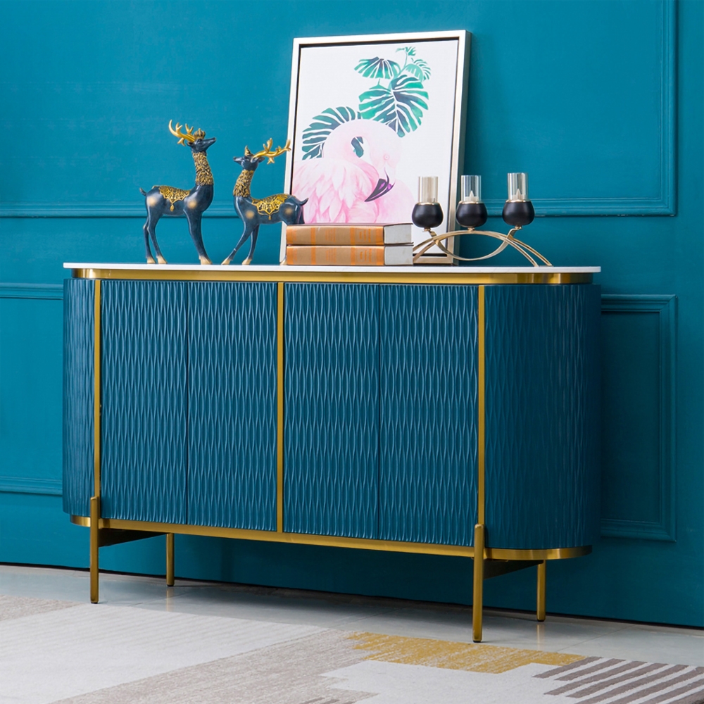 59" Modern Blue Sideboard Buffet Faux Marble Top with 4 Doors and 2 ...