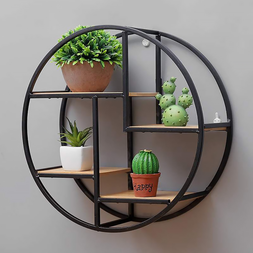 Simple Round Floating Shelf Decorative Wall Shelf Metal&Wood-Homary