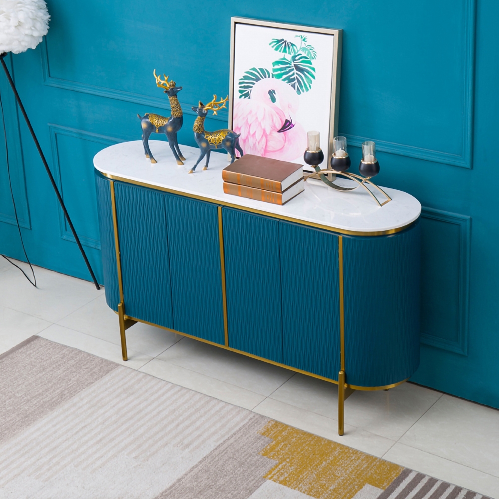 59" Modern Blue Sideboard Buffet Faux Marble Top with 4 Doors and 2 ...