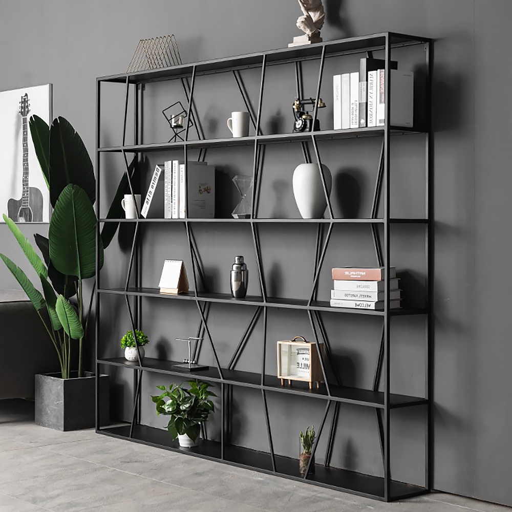Black Modern Geometric Bookshelf Metal with 5-Tier Shelving-Homary