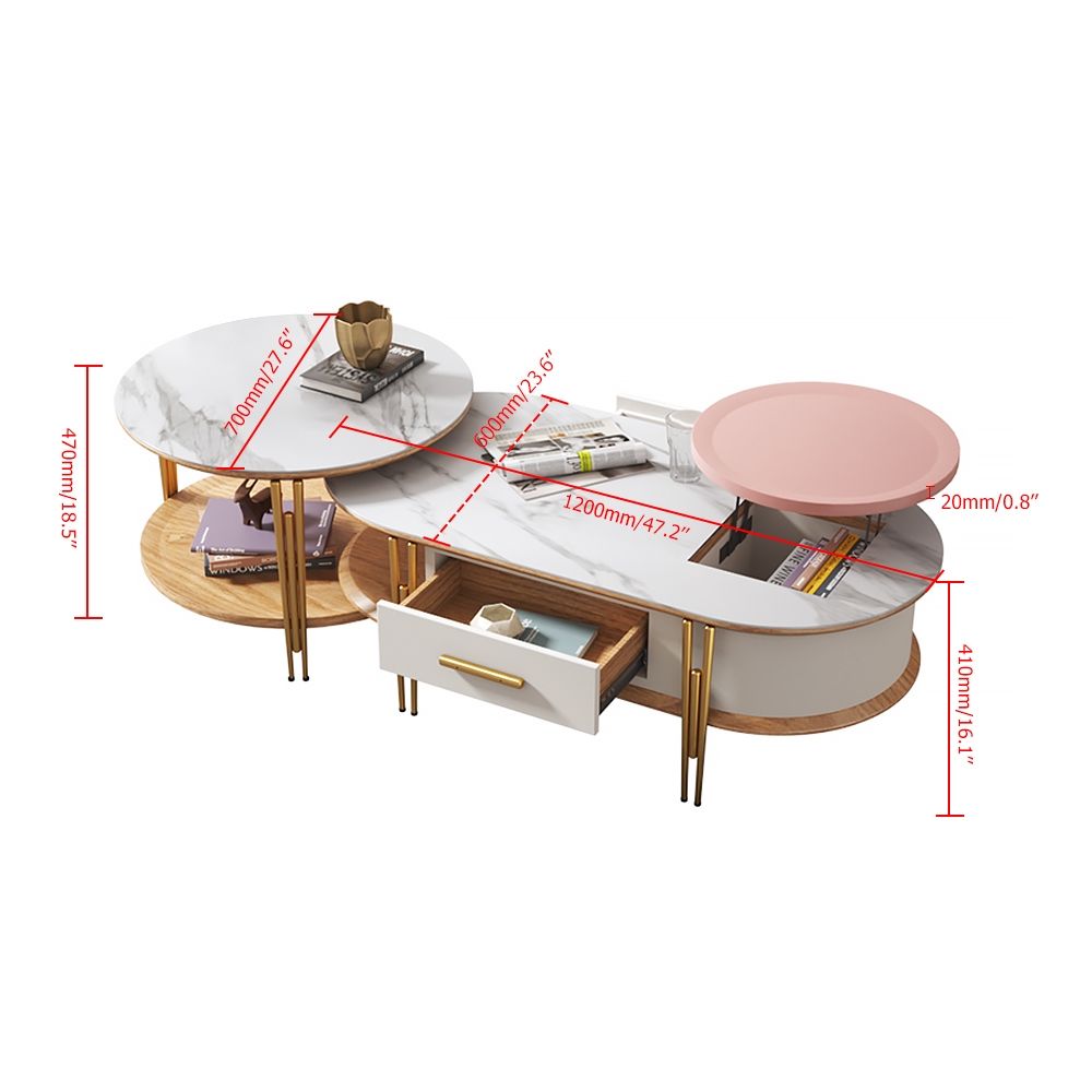 Round & Oval Lift-Top Coffee Table with Storage of 2-Drawer in White ...