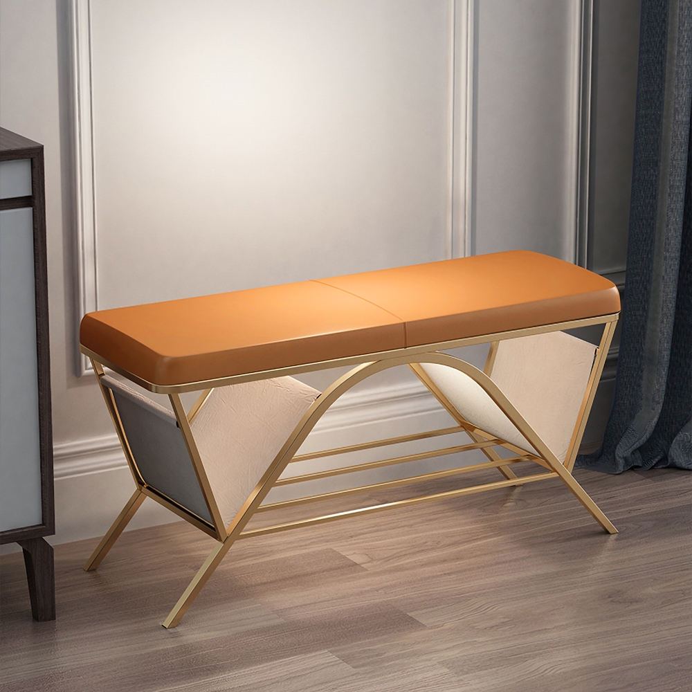 Modern Upholstered Bench Brown PU Leather Bench with Shoe Storage ...