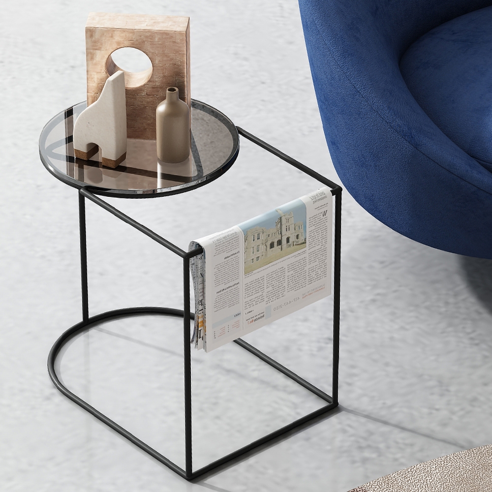 Modern Metal Side Table Black Side Table with Newspaper Rack-Homary
