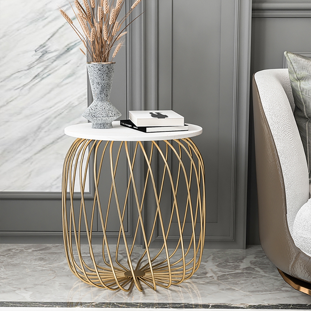 White Modern Round End Table with Sintered Stone Top & Steel Frame Side ...