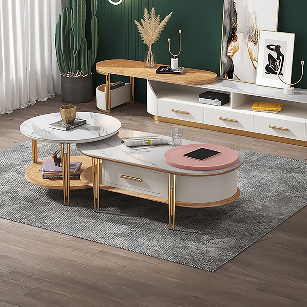 Round & Oval Lift-Top Coffee Table with Storage of 2-Drawer in White ...