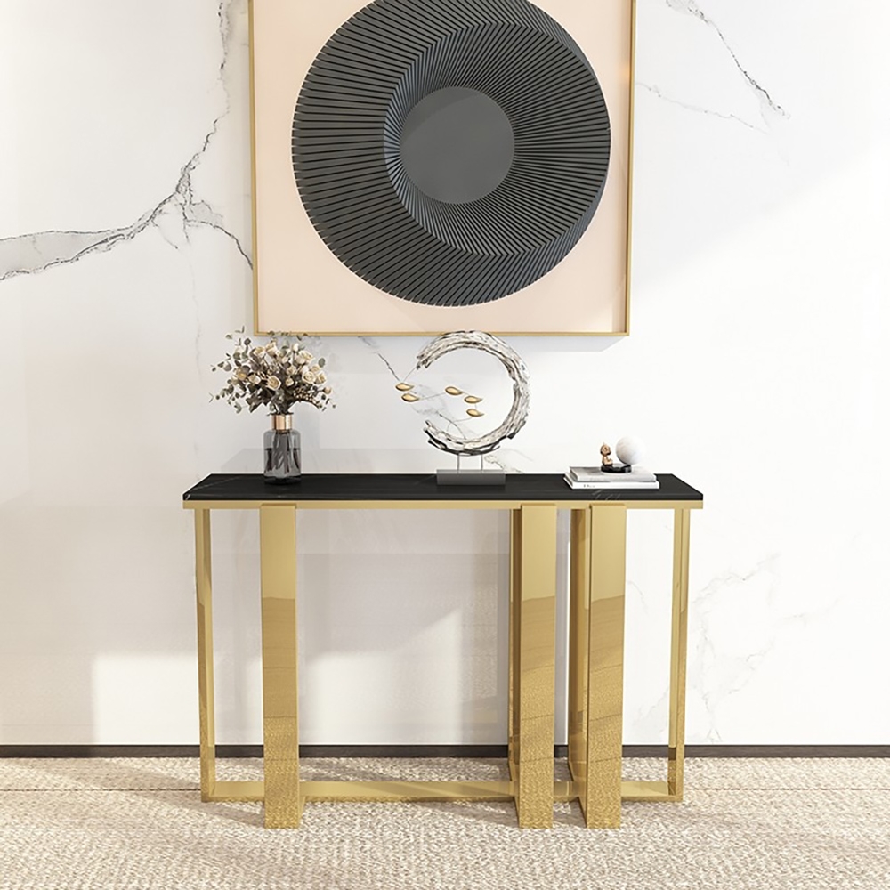 Modern Black Stone Narrow Console Table Rectangle Gold Finish-Homary