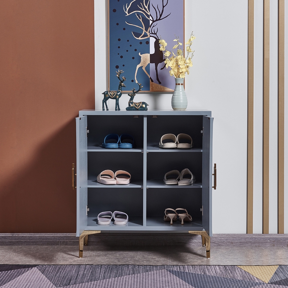 Modern Shoe Cabinet Blue Shoe Storage with Doors and Shelves Gold ...
