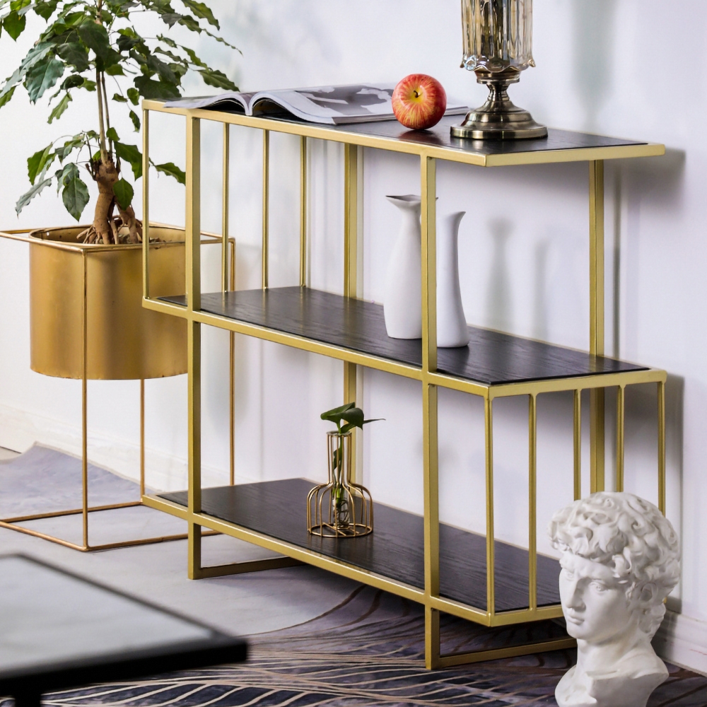 Black Rectangular Narrow Console Table with Shelves Modern Metal in ...