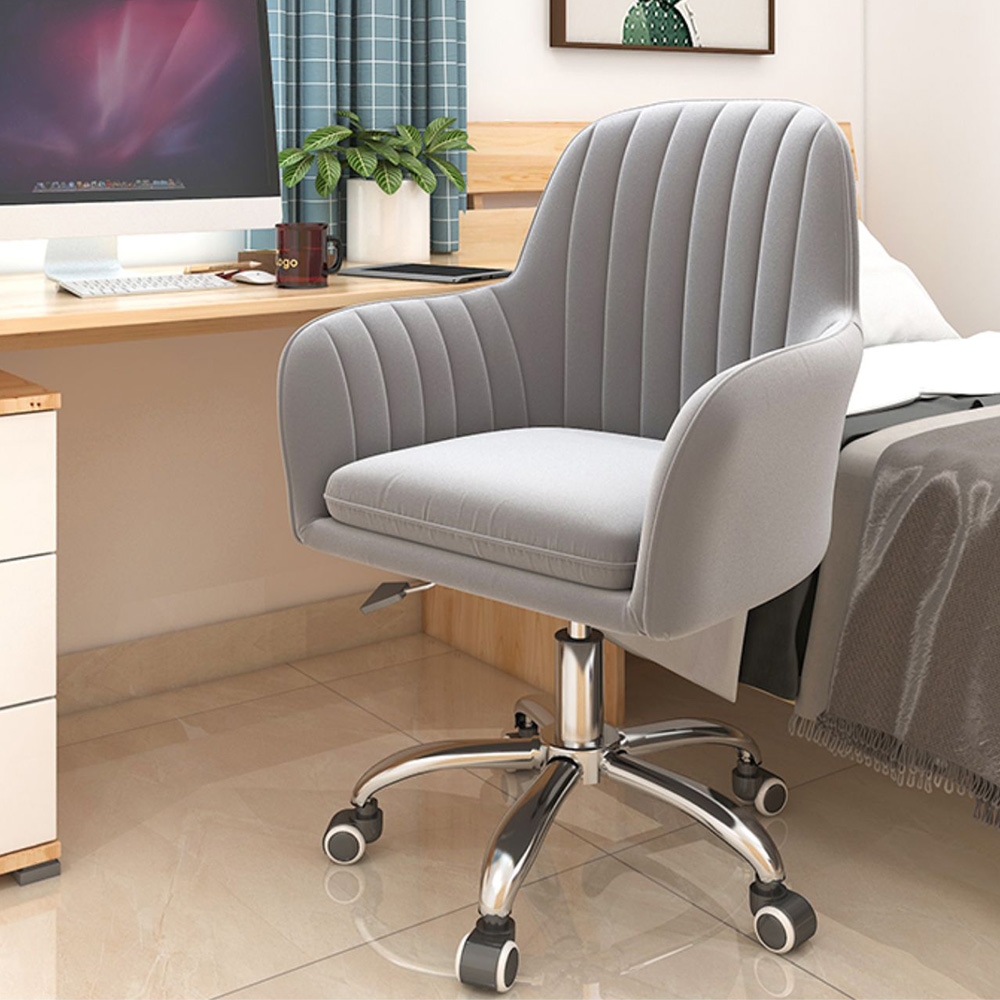 Grey Office Chair Upholstered Velvet Channel Tufeted Adjustable Height ...