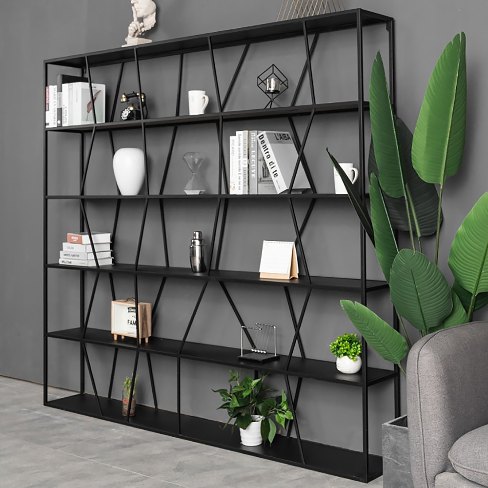 Black Modern Geometric Bookshelf Metal with 5-Tier Shelving-Homary