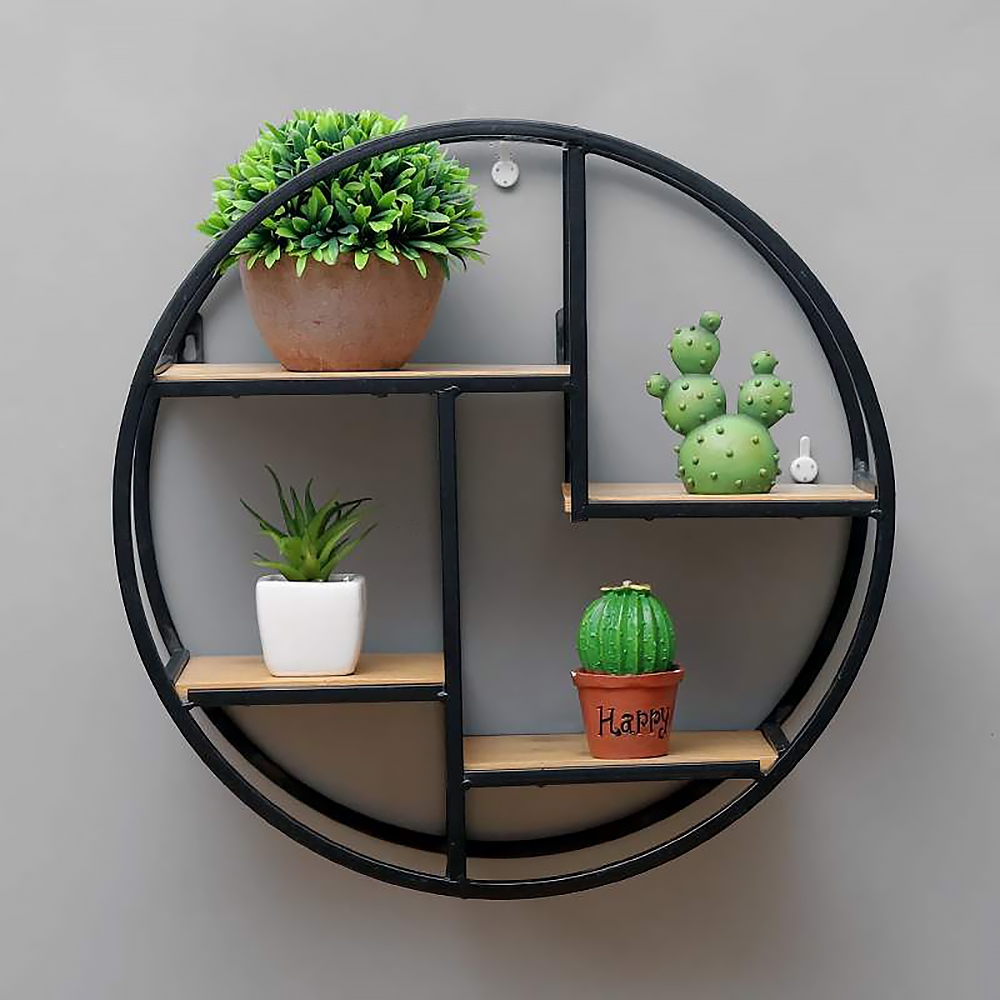 Simple Round Floating Shelf Decorative Wall Shelf Metal&Wood-Homary