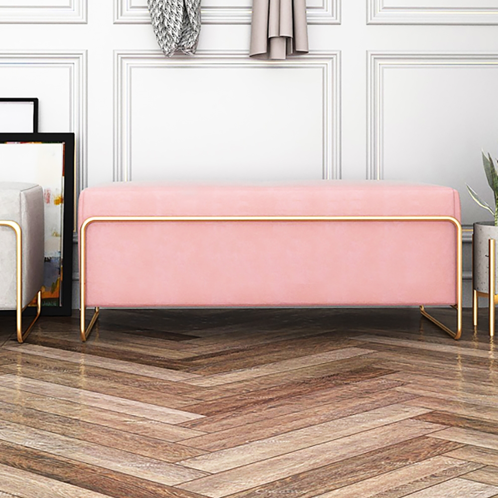 Pink Entryway Bench Modern Upholstered Velvet Bench Metal in Gold-Homary