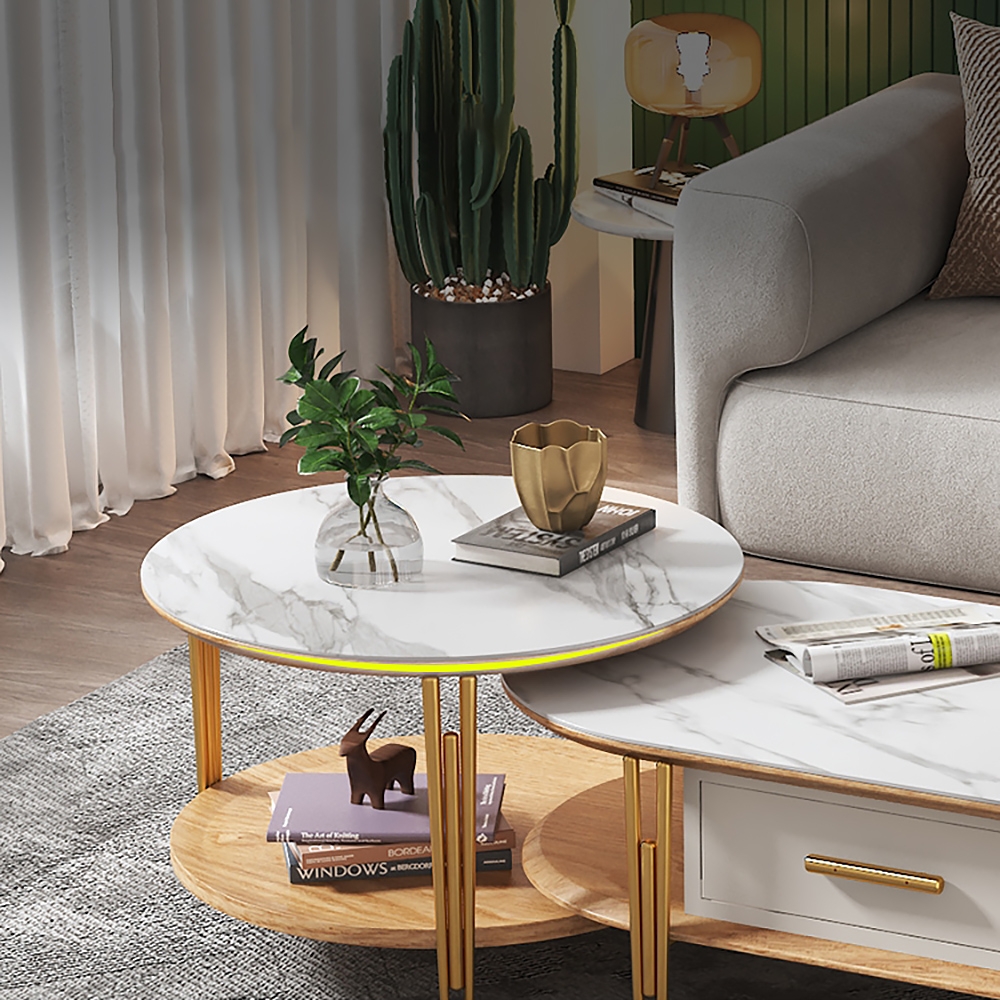 Round & Oval Lift-Top Coffee Table with Storage of 2-Drawer in White ...