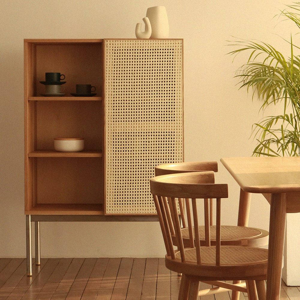 35" Cottage Natural Cabinet Rattan Woven Door with 4 Shelves