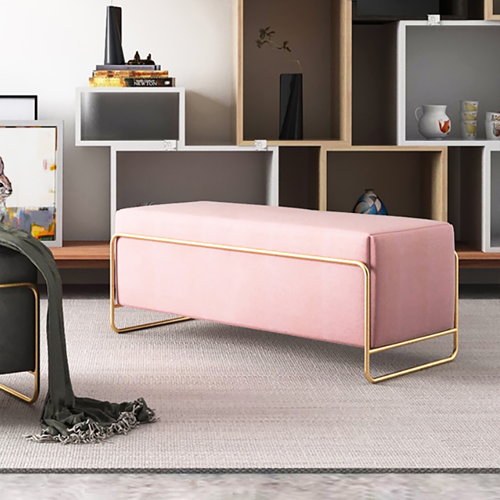 Pink Entryway Bench Modern Upholstered Velvet Bench Metal in Gold-Homary