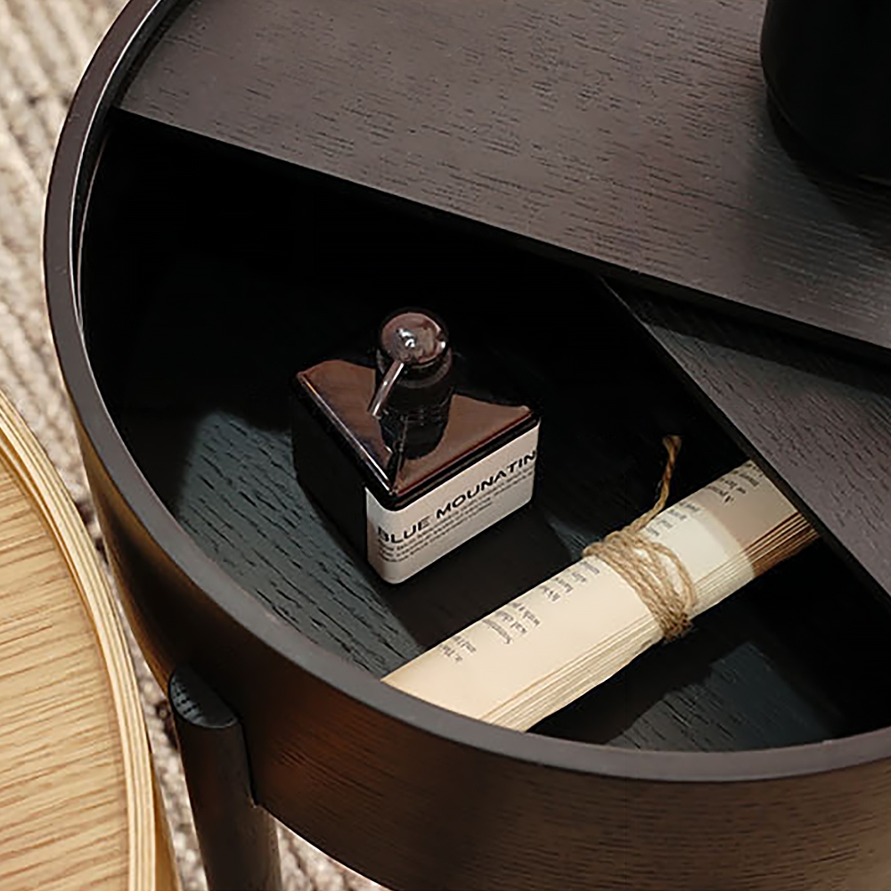 Farmhouse Black Rotating Side Table with Hidden Storage Wood Round End ...