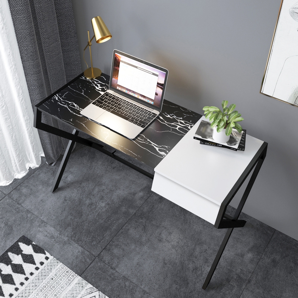 Modern Black Writing Desk with Drawer Office Desk Metal Frame-Homary