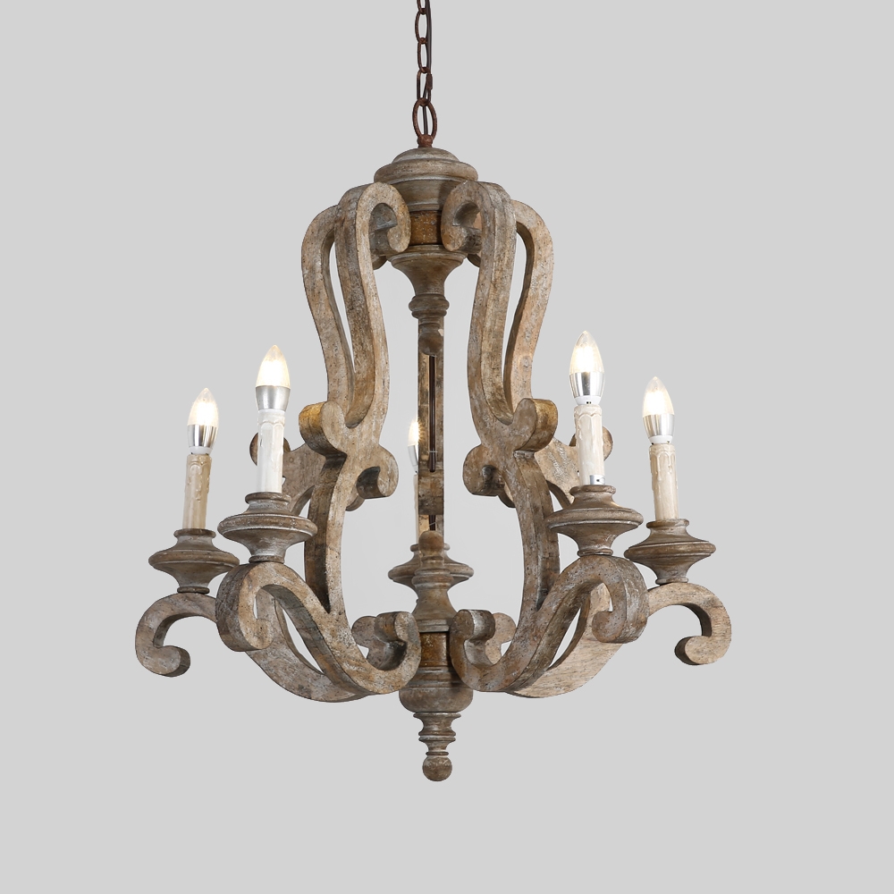 Cottage Style Distressed Brown Wood 5-Light Candelabra Chandelier with ...