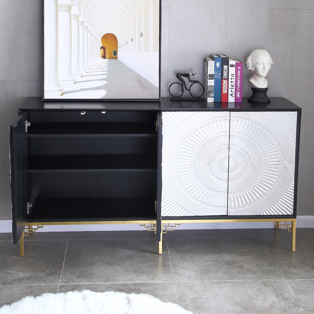 Black&Silver Sideboard Buffet Solid Wood Kitchen Cabinet with Doors and ...