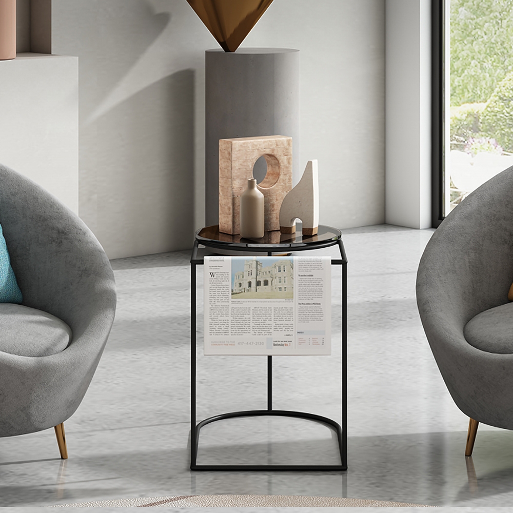 Modern Metal Side Table Black Side Table with Newspaper Rack-Homary