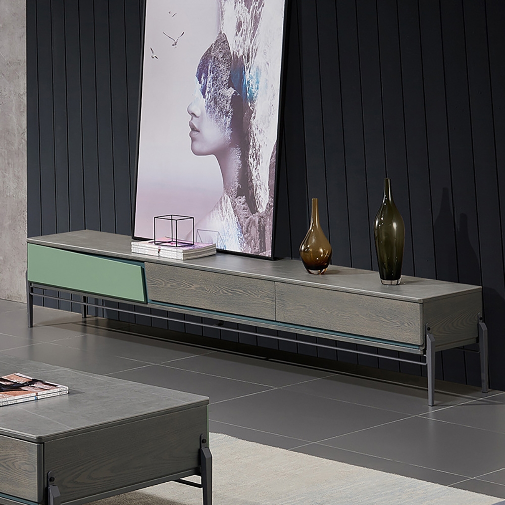 78" Italian Minimalist TV Stand Stone Top Media Console with 3 Drawers ...