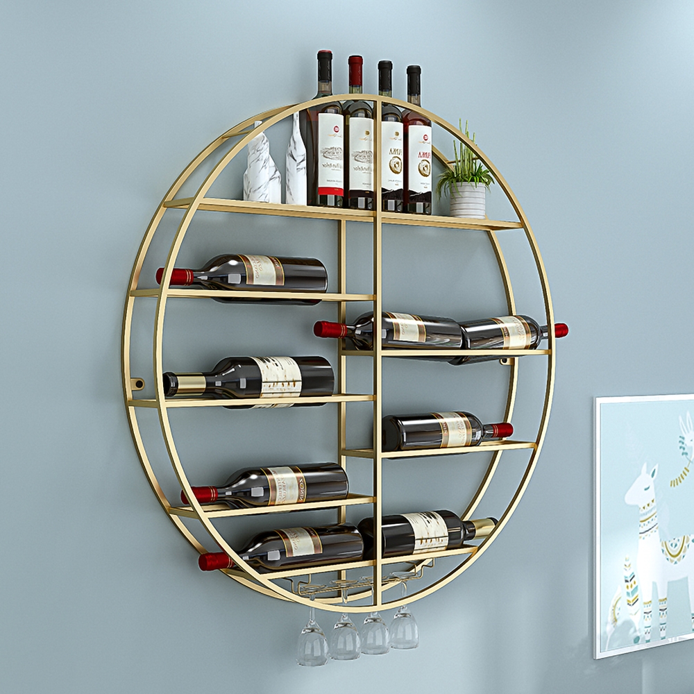Modern Round Wall Mounted Wine Rack with Glass Rack in Nanogold-Homary