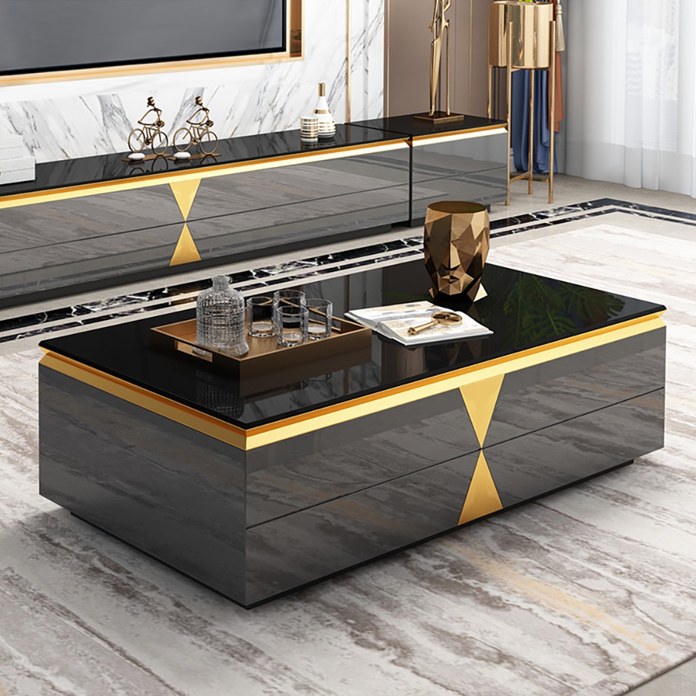 Black Coffee Table with Drawers Tempered Glass Top & Solid Wood Frame ...