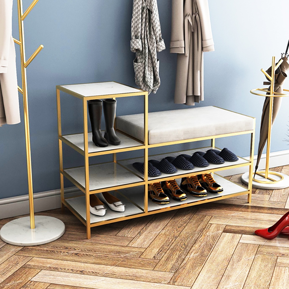 Velvet Upholstered 2-Tier Shoes Storage Stool in Gold Finish Modern ...