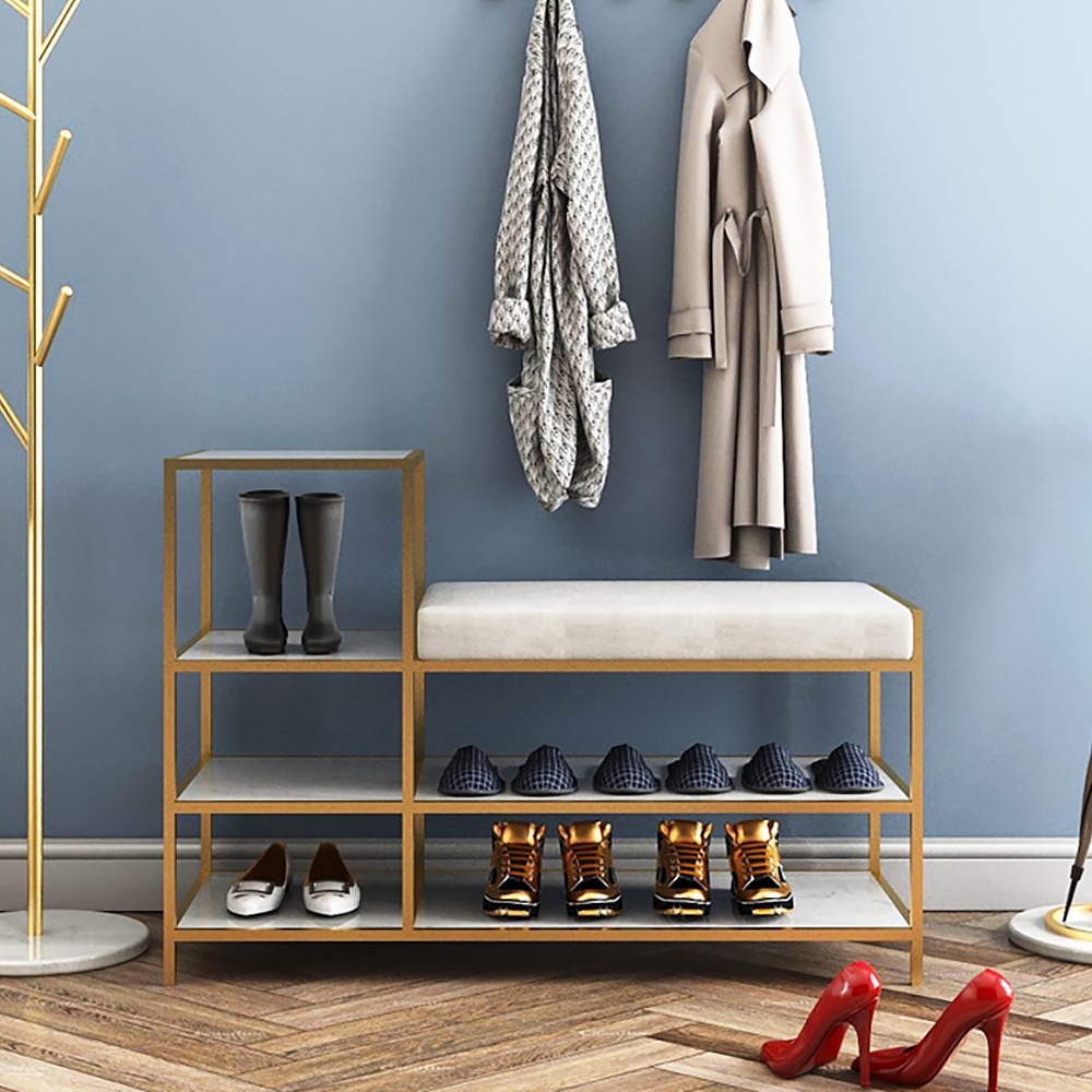 Velvet Upholstered 2-Tier Shoes Storage Stool in Gold Finish Modern ...