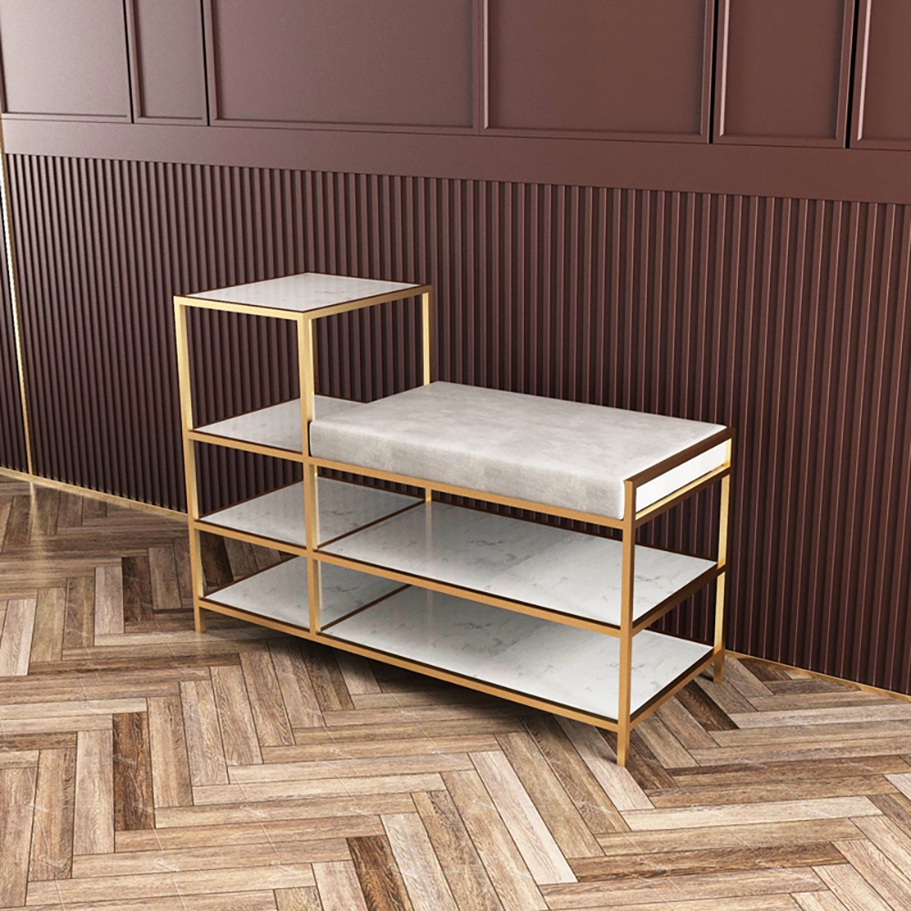 Velvet Upholstered 2-Tier Shoes Storage Stool in Gold Finish Modern ...