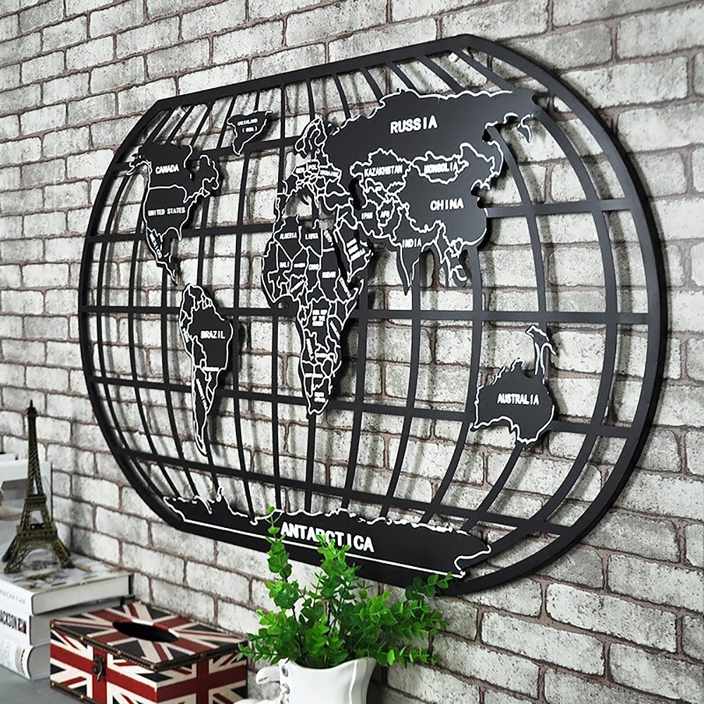 Metal World Map Wall Decor Art Black Artwork