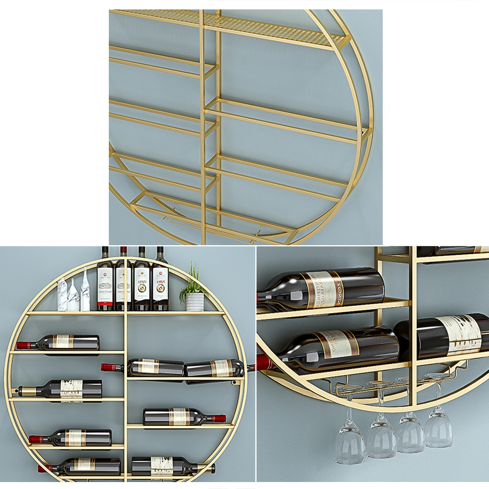 Modern Round Wall Mounted Wine Rack with Glass Rack in Nanogold-Homary