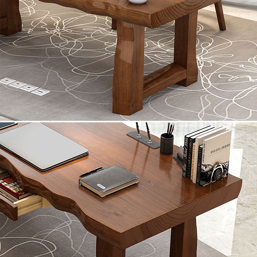 71" Rustic Executive Office Desk with Drawer Pine Wood Desk-Homary