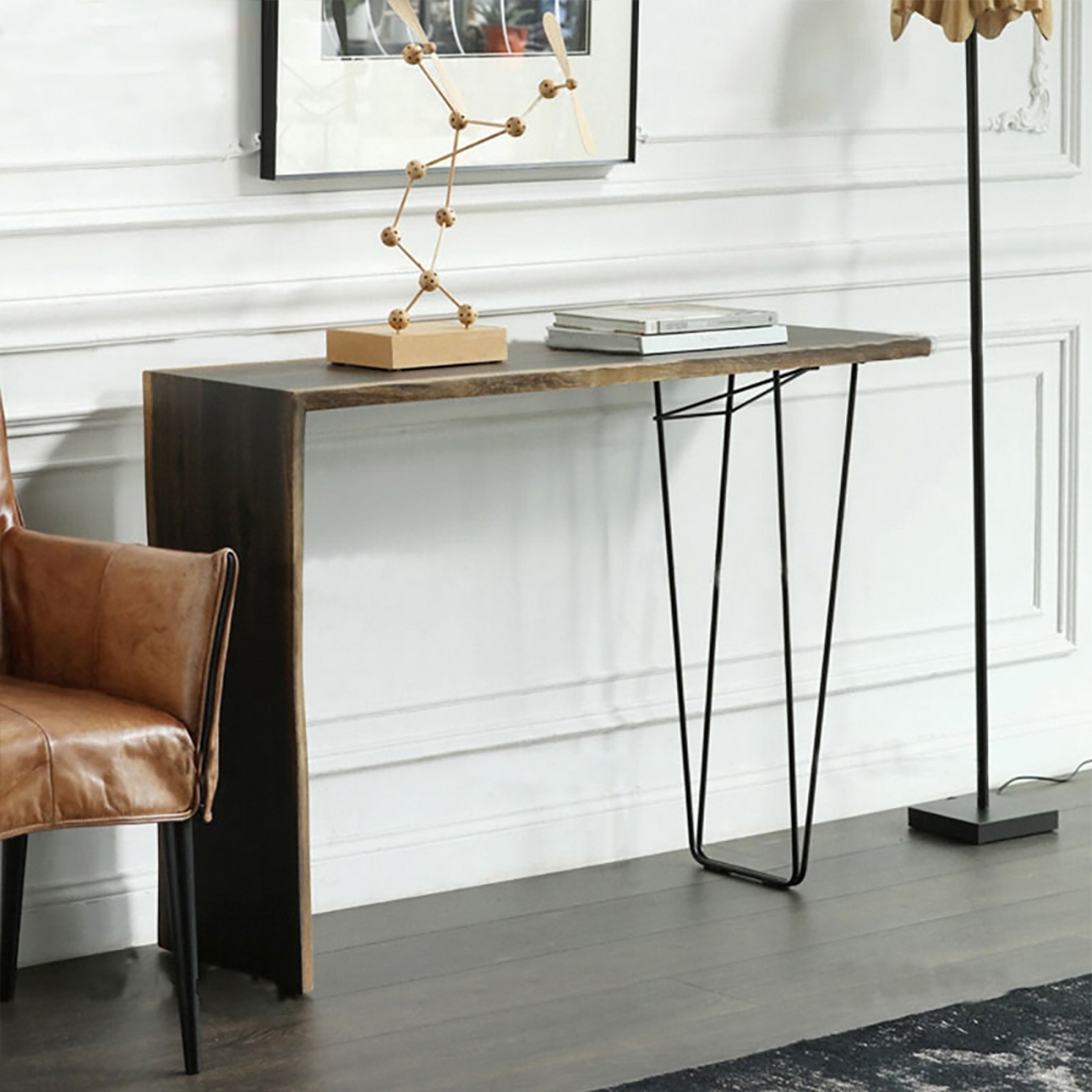 Retro Rectangular Bar Table Solid Wood Top & Metal in Black-Homary