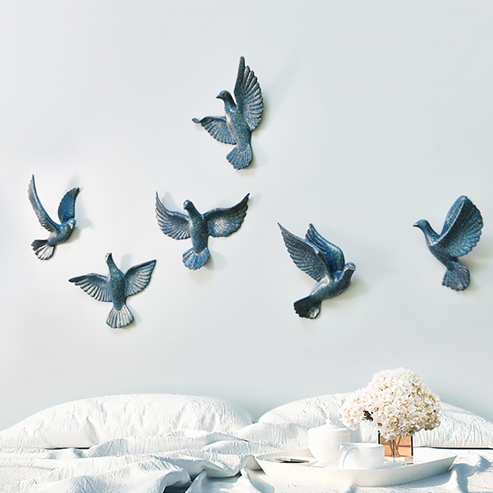 6 Pieces Set Blue Flocking Birds Modern Wall Decor-Homary