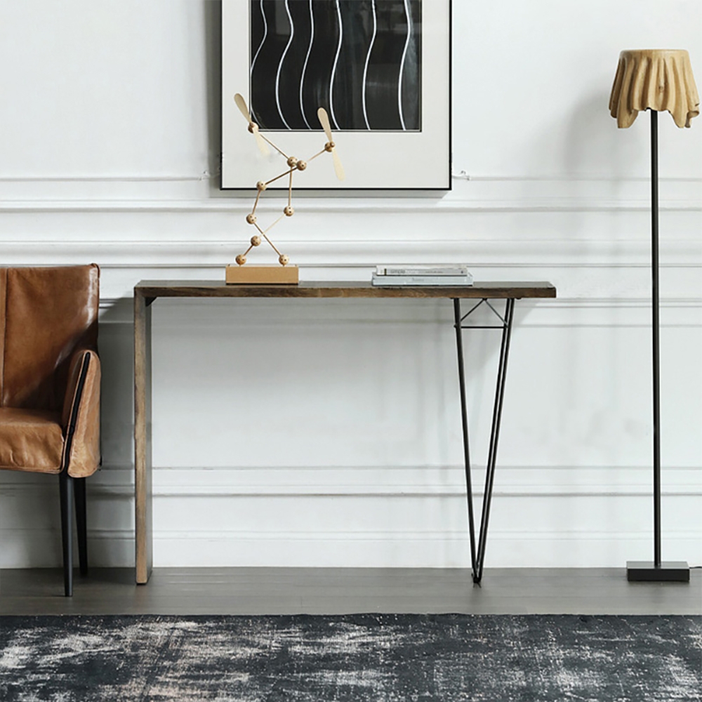 Retro Rectangular Bar Table Solid Wood Top & Metal in Black-Homary