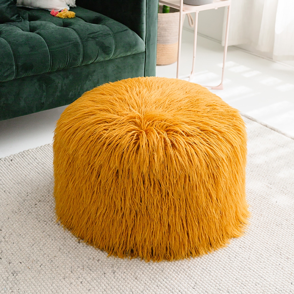 Puffy Round Faux Fur Upholstered Ottoman Stool-Homary