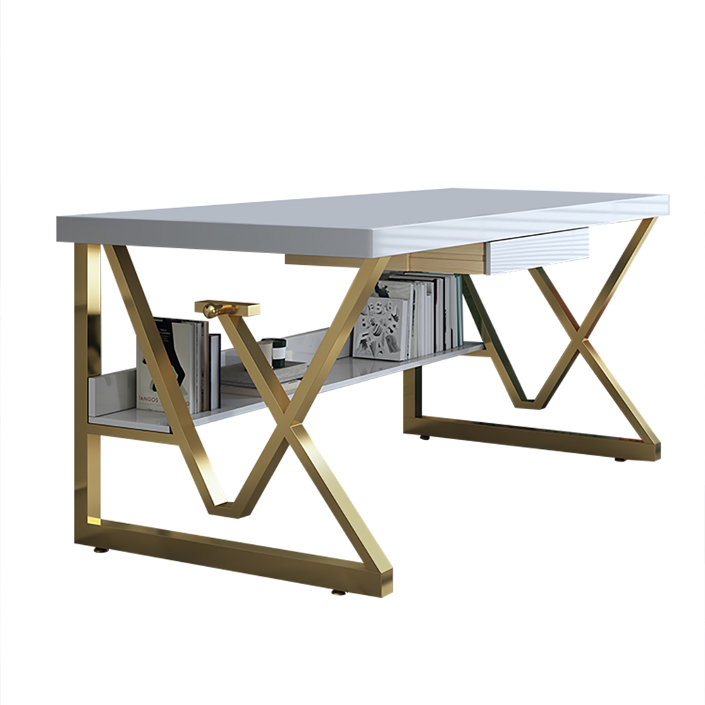 Modern White Writing Desk with Drawer & Shelf Wood Top & Metal Frame-Homary
