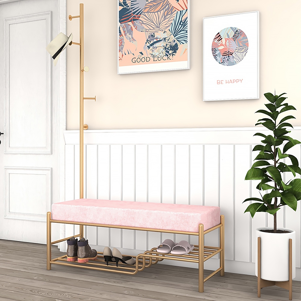 1000mm Pink Hallway Bench And Coat Stand Velvet Shoe Storage Bench With