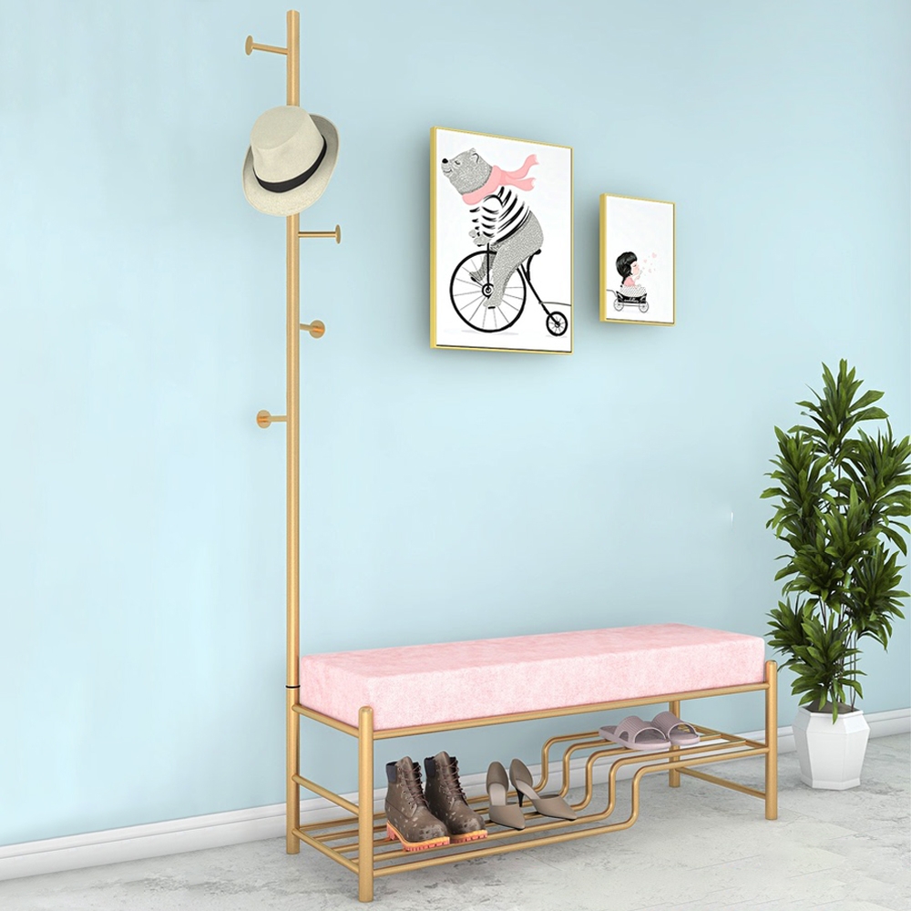 1000mm Pink Hallway Bench And Coat Stand Velvet Shoe Storage Bench With